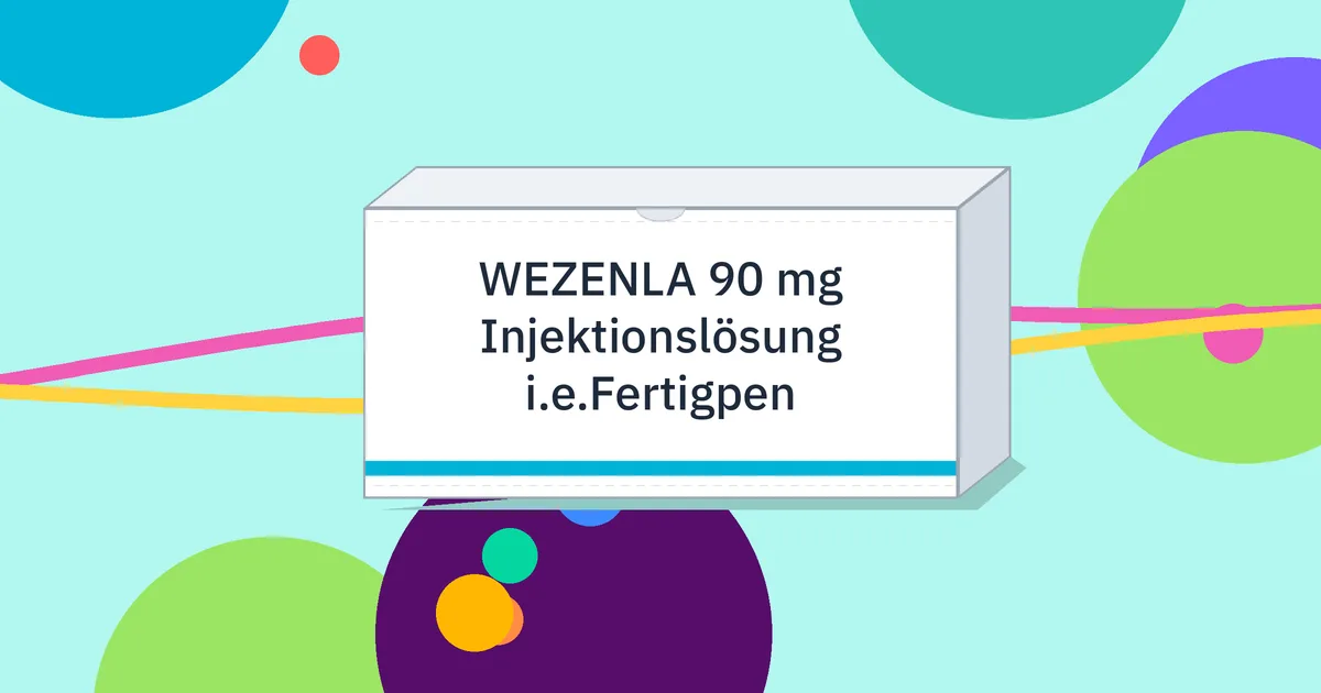 Symbolbild: Packung mit der Aufschrift WEZENLA 90 mg Injektionslösung i.e.Fertigpen (PZN 19657990) – Verfügbarkeit und Bezug in Apotheken in Frankfurt am Main