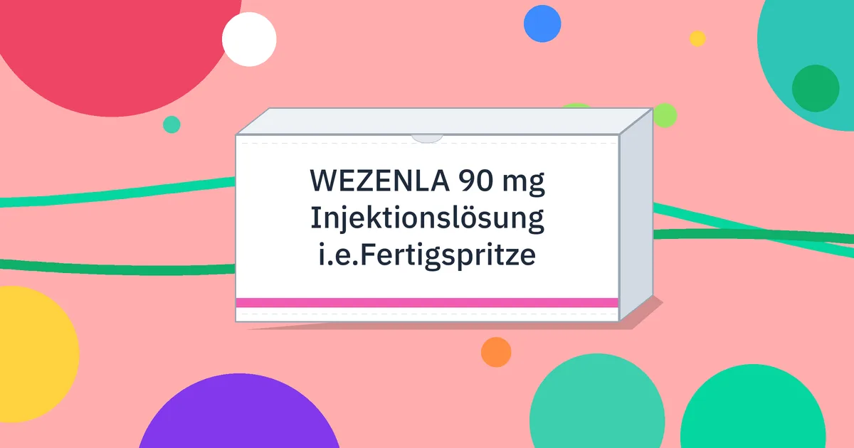 Symbolbild: Packung mit der Aufschrift WEZENLA 90 mg Injektionslösung i.e.Fertigspritze (PZN 19279542) – Verfügbarkeit und Bezug in Apotheken in Frankfurt am Main
