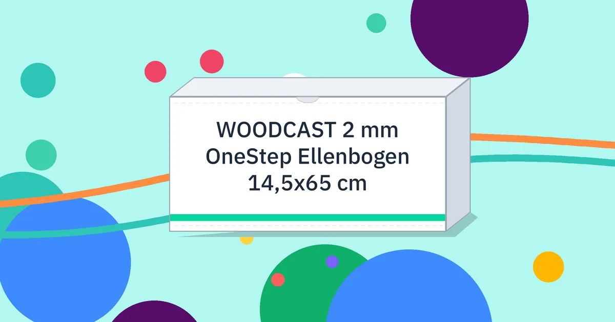 Symbolbild: Packung mit der Aufschrift WOODCAST 2 mm OneStep Ellenbogen 14,5x65 cm (PZN 17260834) – Verfügbarkeit und Bezug in Apotheken in Frankfurt am Main