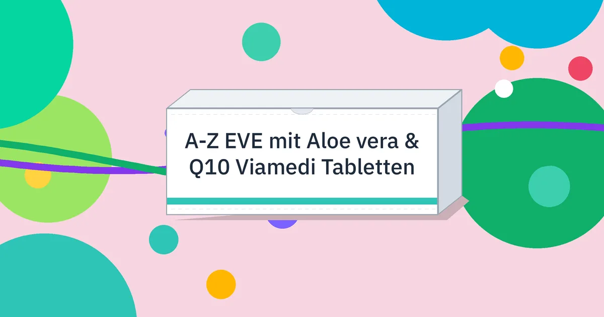 Symbolbild: Packung mit der Aufschrift A-Z EVE mit Aloe vera & Q10 Viamedi Tabletten (PZN 18411502) – Verfügbarkeit und Bezug in Apotheken in Frankfurt am Main