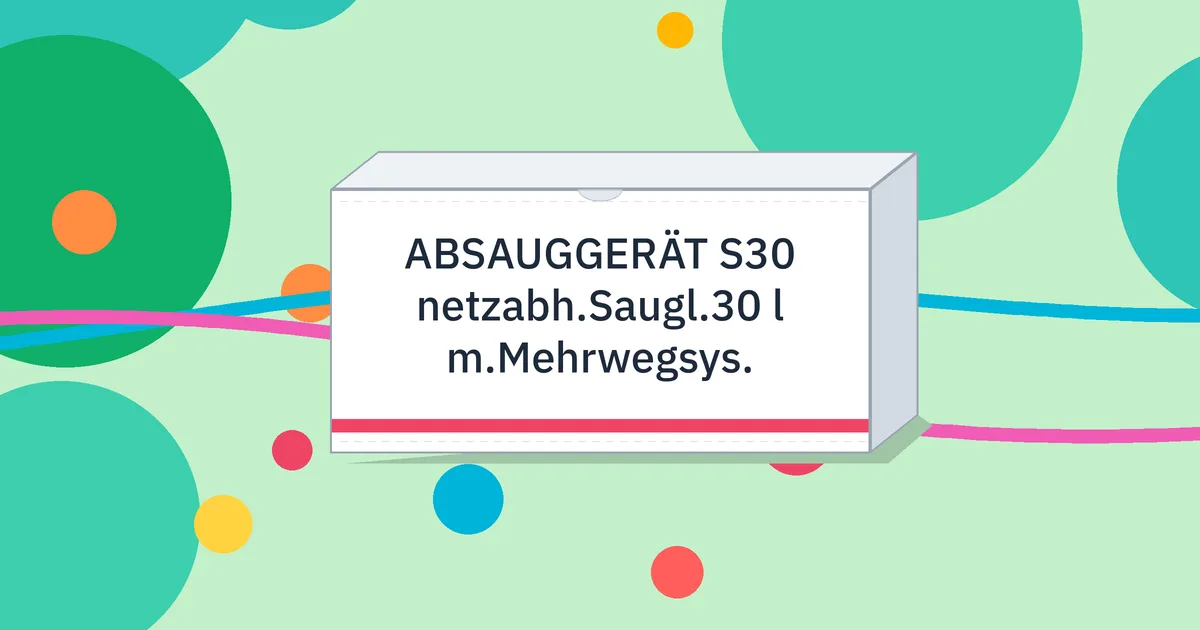 Symbolbild: Packung mit der Aufschrift ABSAUGGERÄT S30 netzabh.Saugl.30 l m.Mehrwegsys. (PZN 05134461) – Verfügbarkeit und Bezug in Apotheken in Frankfurt am Main