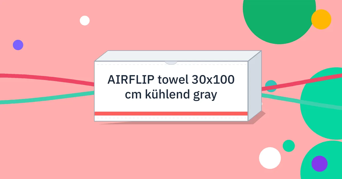 Symbolbild: Packung mit der Aufschrift AIRFLIP towel 30x100 cm kühlend gray (PZN 19797550) – Verfügbarkeit und Bezug in Apotheken in Frankfurt am Main