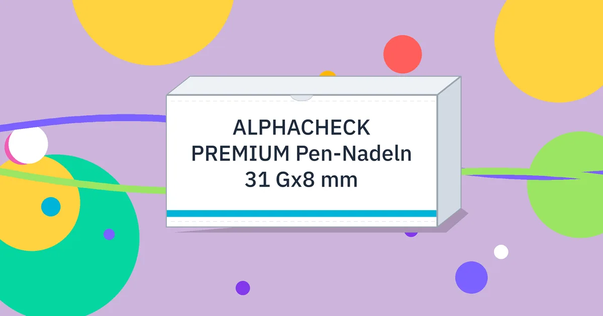 Symbolbild: Packung mit der Aufschrift ALPHACHECK PREMIUM Pen-Nadeln 31 Gx8 mm (PZN 16875309) – Verfügbarkeit und Bezug in Apotheken in Frankfurt am Main