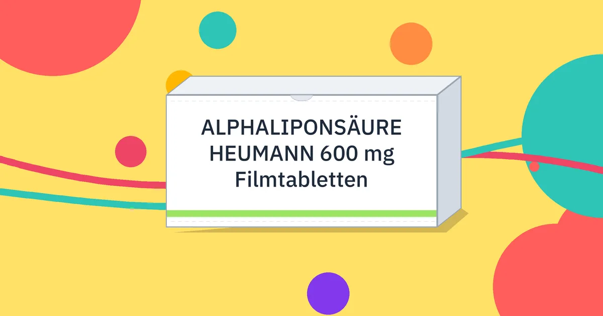 Symbolbild: Packung mit der Aufschrift ALPHALIPONSÄURE HEUMANN 600 mg Filmtabletten (PZN 19647342) – Verfügbarkeit und Bezug in Apotheken in Frankfurt am Main