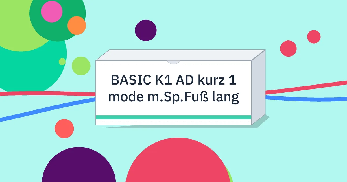Symbolbild: Packung mit der Aufschrift BASIC K1 AD kurz 1 mode m.Sp.Fuß lang (PZN 20257190) – Verfügbarkeit und Bezug in Apotheken in Frankfurt am Main