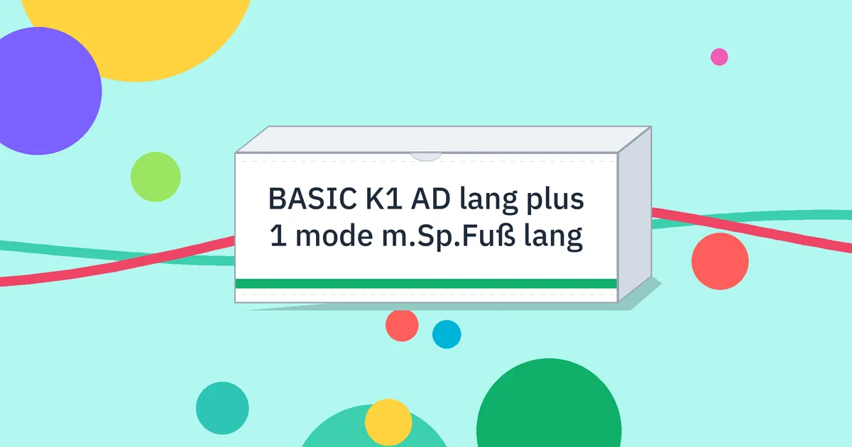 Symbolbild: Packung mit der Aufschrift BASIC K1 AD lang plus 1 mode m.Sp.Fuß lang (PZN 20257221) – Verfügbarkeit und Bezug in Apotheken in Frankfurt am Main