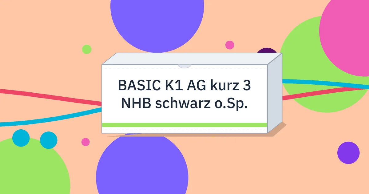 Symbolbild: Packung mit der Aufschrift BASIC K1 AG kurz 3 NHB schwarz o.Sp. (PZN 20260358) – Verfügbarkeit und Bezug in Apotheken in Frankfurt am Main