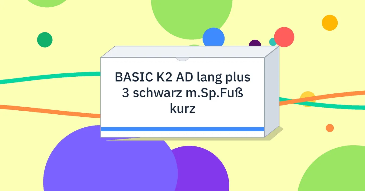 Symbolbild: Packung mit der Aufschrift BASIC K2 AD lang plus 3 schwarz m.Sp.Fuß kurz (PZN 20264333) – Verfügbarkeit und Bezug in Apotheken in Frankfurt am Main