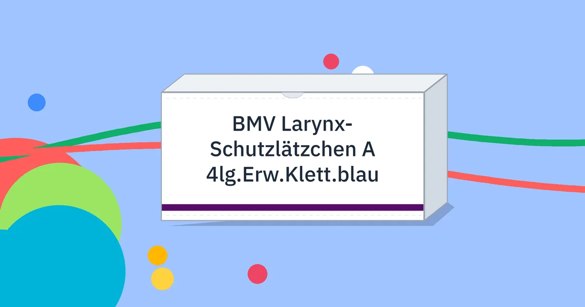 Symbolbild: Packung mit der Aufschrift BMV Larynx-Schutzlätzchen A 4lg.Erw.Klett.blau (PZN 10083352) – Verfügbarkeit und Bezug in Apotheken in Frankfurt am Main