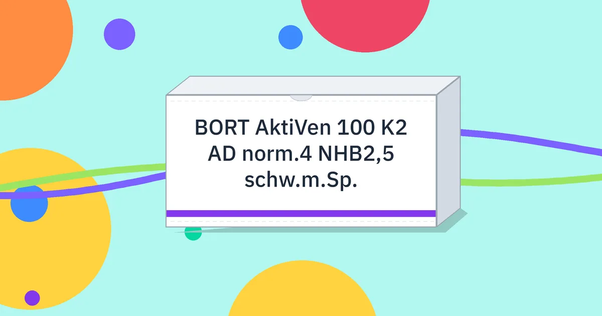 Symbolbild: Packung mit der Aufschrift BORT AktiVen 100 K2 AD norm.4 NHB2,5 schw.m.Sp. (PZN 17501812) – Verfügbarkeit und Bezug in Apotheken in Frankfurt am Main