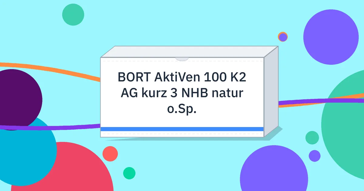 Symbolbild: Packung mit der Aufschrift BORT AktiVen 100 K2 AG kurz 3 NHB natur o.Sp. (PZN 13730220) – Verfügbarkeit und Bezug in Apotheken in Frankfurt am Main