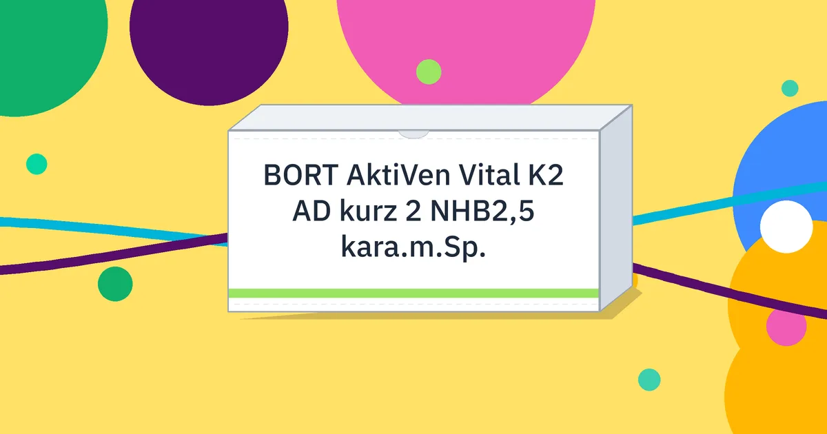 Symbolbild: Packung mit der Aufschrift BORT AktiVen Vital K2 AD kurz 2 NHB2,5 kara.m.Sp. (PZN 17497795) – Verfügbarkeit und Bezug in Apotheken in Frankfurt am Main