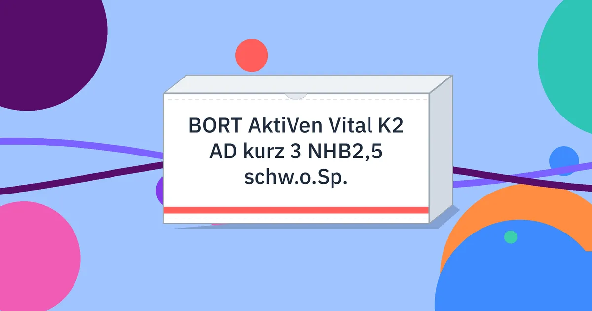 Symbolbild: Packung mit der Aufschrift BORT AktiVen Vital K2 AD kurz 3 NHB2,5 schw.o.Sp. (PZN 17497973) – Verfügbarkeit und Bezug in Apotheken in Frankfurt am Main