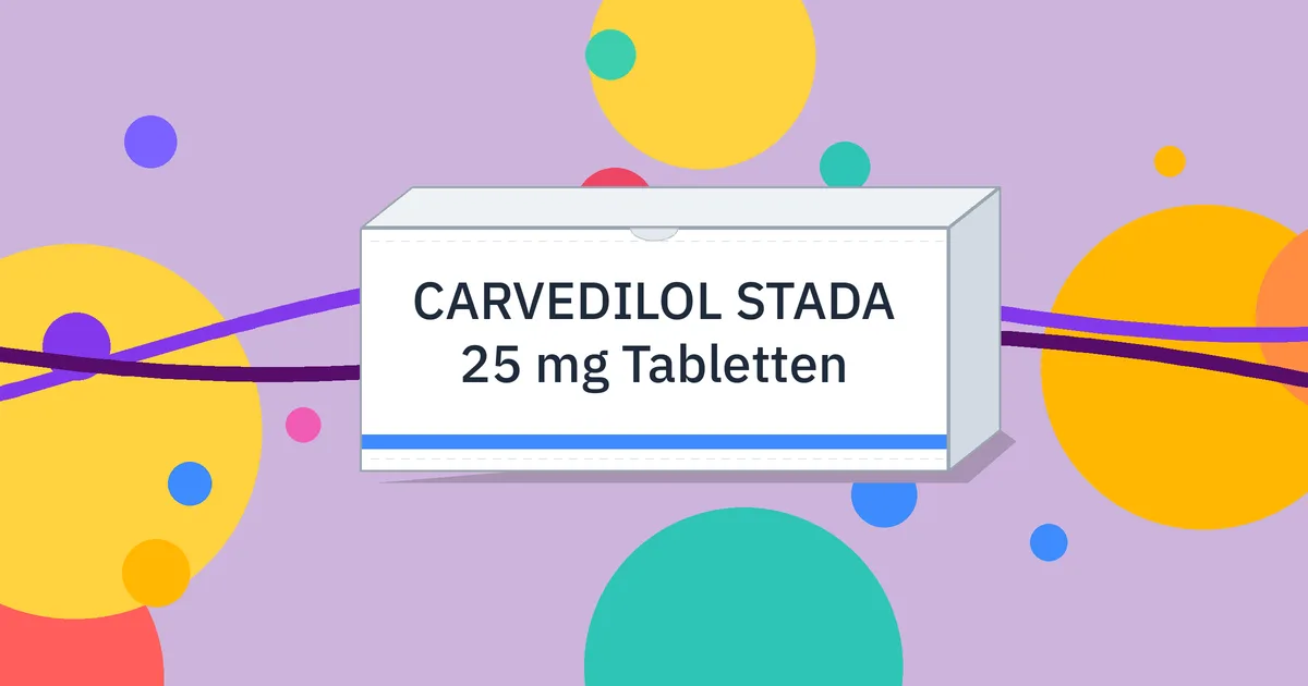 Symbolbild: Packung mit der Aufschrift CARVEDILOL STADA 25 mg Tabletten (PZN 03845123) – Verfügbarkeit und Bezug in Apotheken in Frankfurt am Main