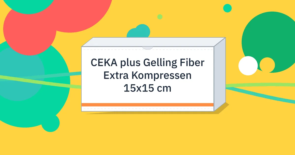 Symbolbild: Packung mit der Aufschrift CEKA plus Gelling Fiber Extra Kompressen 15x15 cm (PZN 20378367) – Verfügbarkeit und Bezug in Apotheken in Frankfurt am Main
