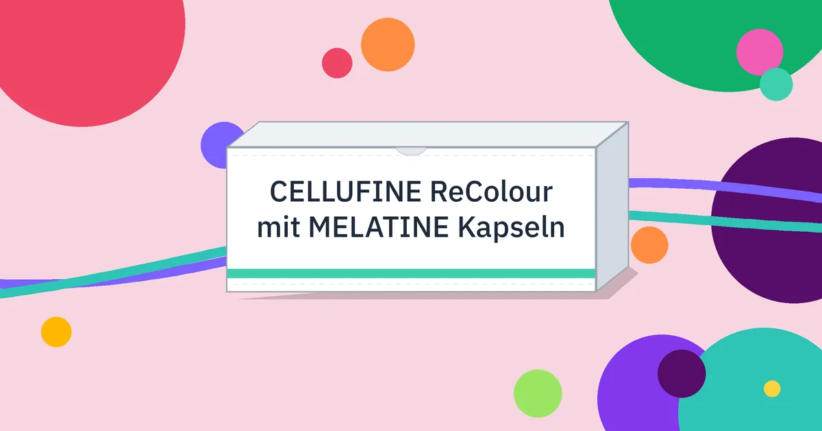 Symbolbild: Packung mit der Aufschrift CELLUFINE ReColour mit MELATINE Kapseln (PZN 15869198) – Verfügbarkeit und Bezug in Apotheken in Frankfurt am Main