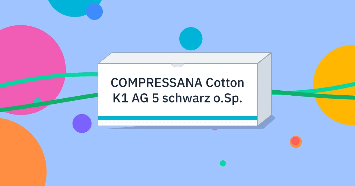 Symbolbild: Packung mit der Aufschrift COMPRESSANA Cotton K1 AG 5 schwarz o.Sp. (PZN 11393534) – Verfügbarkeit und Bezug in Apotheken in Frankfurt am Main