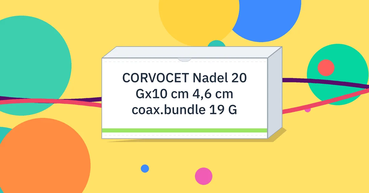 Symbolbild: Packung mit der Aufschrift CORVOCET Nadel 20 Gx10 cm 4,6 cm coax.bundle 19 G (PZN 18764181) – Verfügbarkeit und Bezug in Apotheken in Frankfurt am Main
