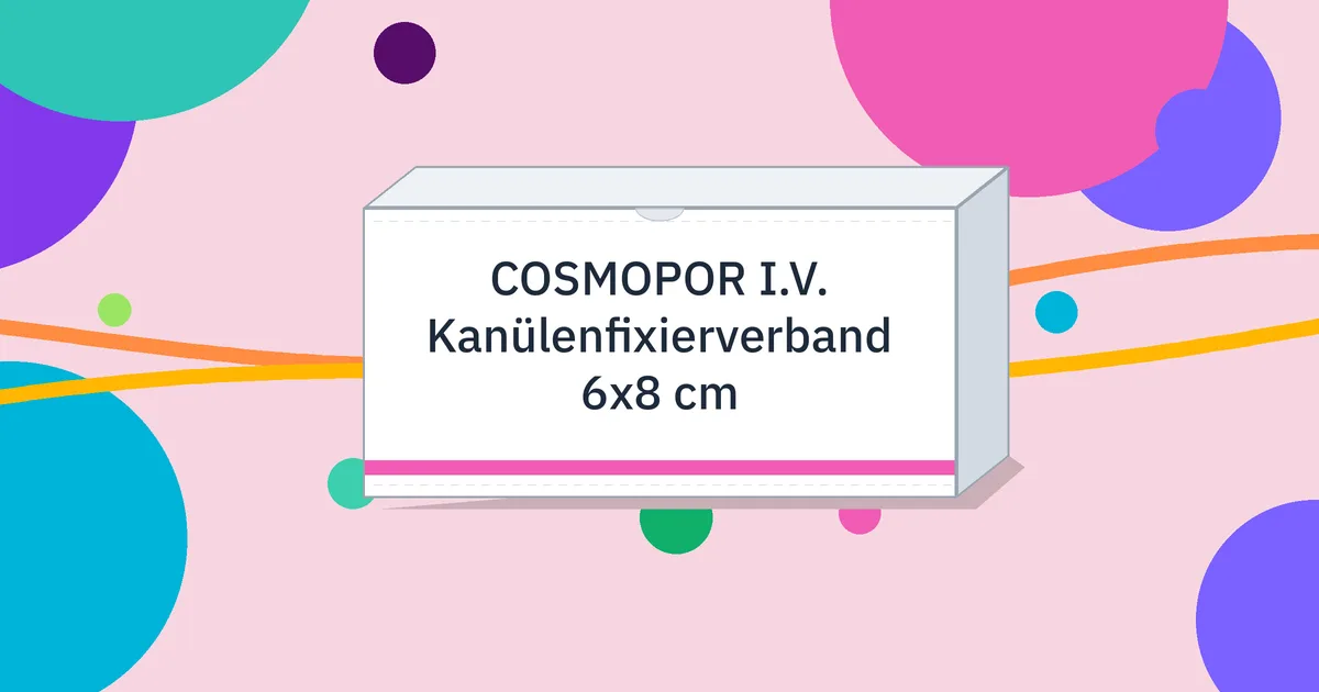 Symbolbild: Packung mit der Aufschrift COSMOPOR I.V. Kanülenfixierverband 6x8 cm (PZN 19786090) – Verfügbarkeit und Bezug in Apotheken in Frankfurt am Main