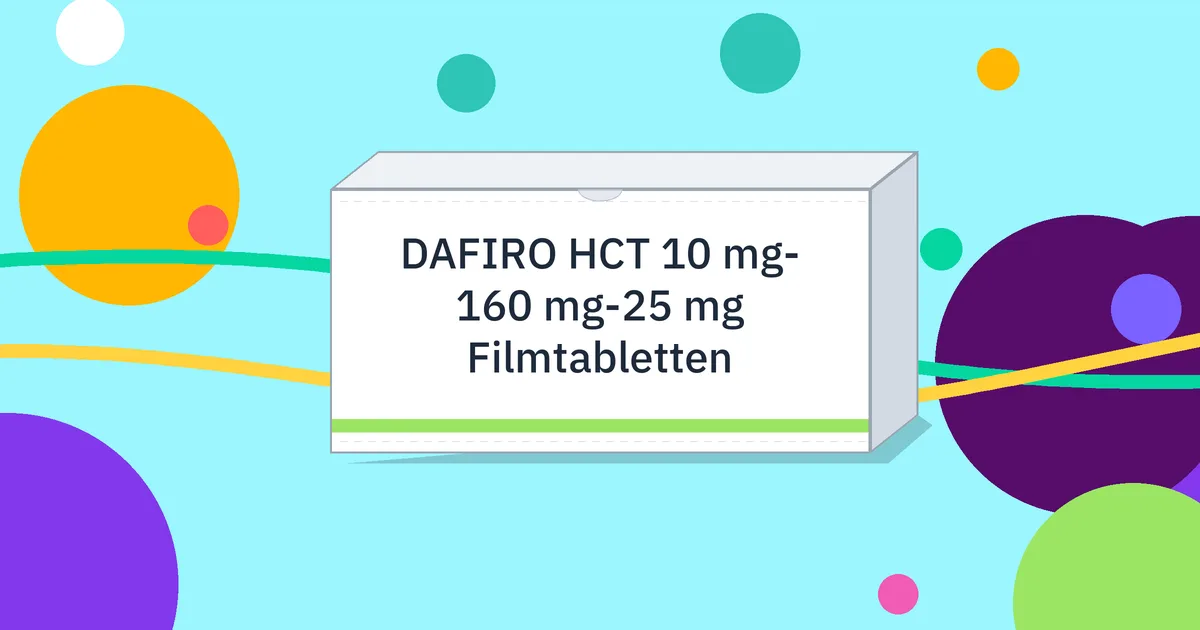 Symbolbild: Packung mit der Aufschrift DAFIRO HCT 10 mg-160 mg-25 mg Filmtabletten (PZN 11662589) – Verfügbarkeit und Bezug in Apotheken in Frankfurt am Main