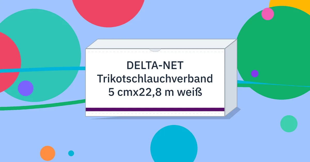 Symbolbild: Packung mit der Aufschrift DELTA-NET Trikotschlauchverband 5 cmx22,8 m weiß (PZN 00855380) – Verfügbarkeit und Bezug in Apotheken in Frankfurt am Main
