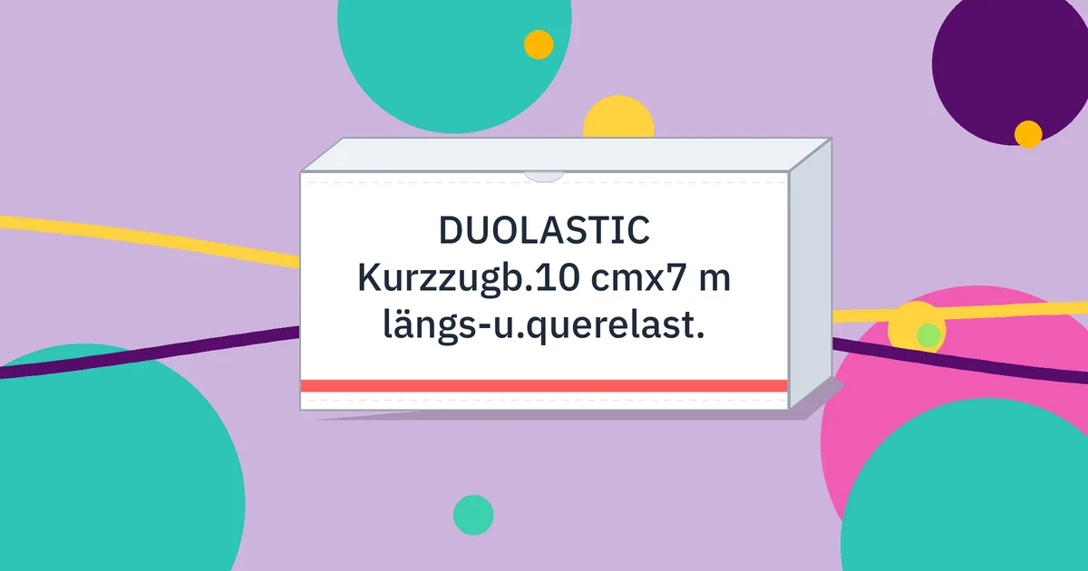 Symbolbild: Packung mit der Aufschrift DUOLASTIC Kurzzugb.10 cmx7 m längs-u.querelast. (PZN 05549825) – Verfügbarkeit und Bezug in Apotheken in Frankfurt am Main