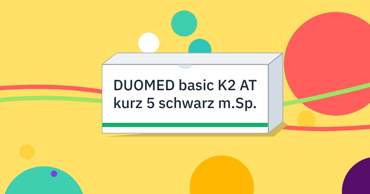Symbolbild: Packung mit der Aufschrift DUOMED basic K2 AT kurz 5 schwarz m.Sp. (PZN 20906547) – Verfügbarkeit und Bezug in Apotheken in Frankfurt am Main