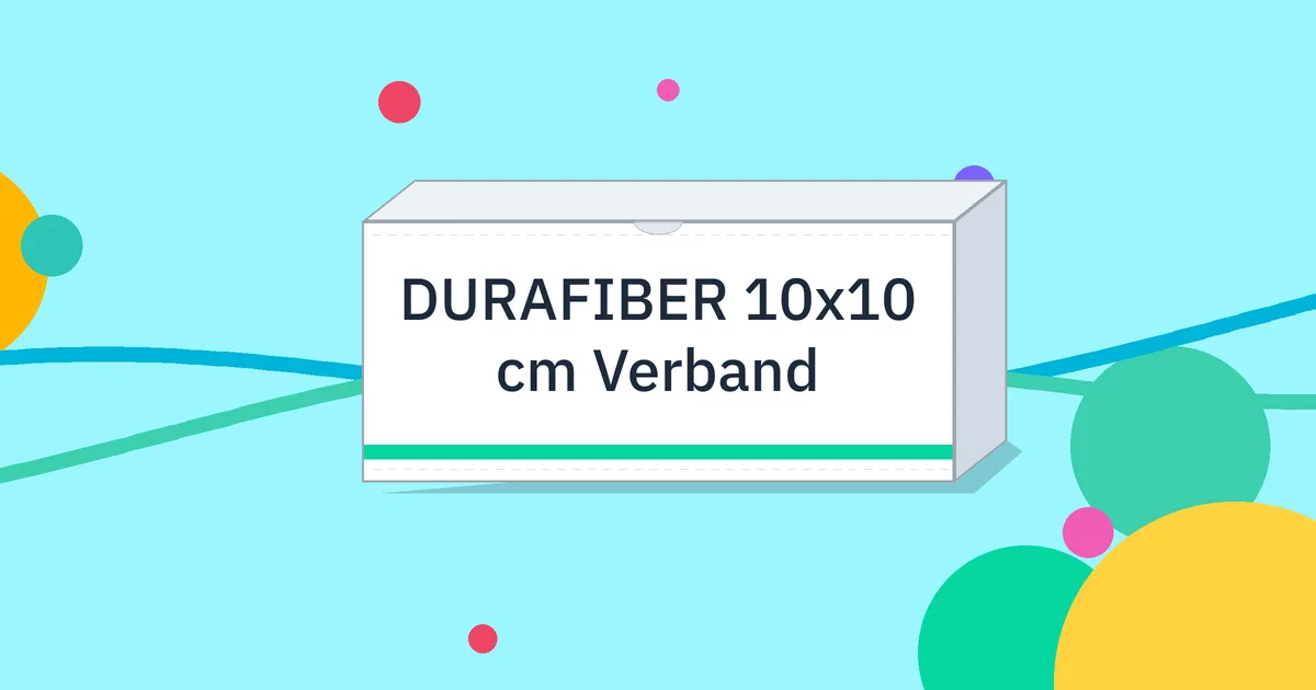 Symbolbild: Packung mit der Aufschrift DURAFIBER 10x10 cm Verband (PZN 20597135) – Verfügbarkeit und Bezug in Apotheken in Frankfurt am Main