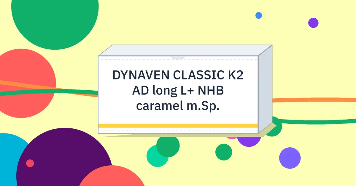 Symbolbild: Packung mit der Aufschrift DYNAVEN CLASSIC K2 AD long L+ NHB caramel m.Sp. (PZN 18418220) – Verfügbarkeit und Bezug in Apotheken in Frankfurt am Main