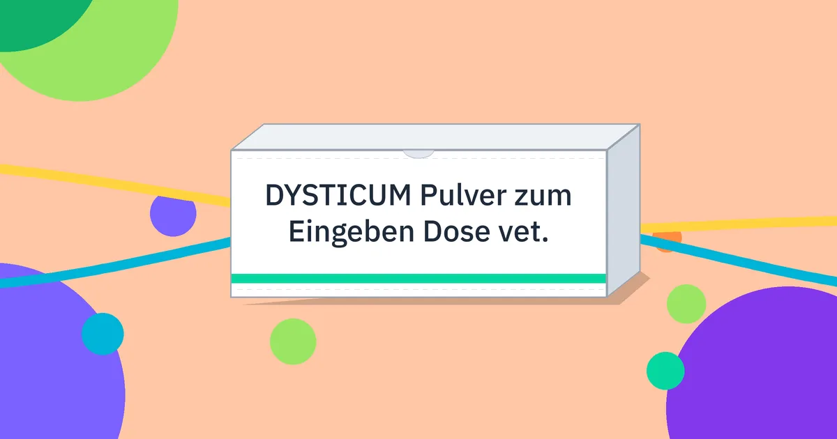 Symbolbild: Packung mit der Aufschrift DYSTICUM Pulver zum Eingeben Dose vet. (PZN 04648778) – Verfügbarkeit und Bezug in Apotheken in Frankfurt am Main