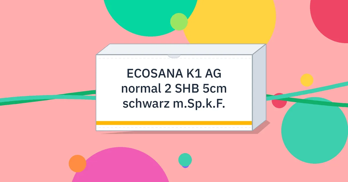 Symbolbild: Packung mit der Aufschrift ECOSANA K1 AG normal 2 SHB 5cm schwarz m.Sp.k.F. (PZN 04726395) – Verfügbarkeit und Bezug in Apotheken in Frankfurt am Main
