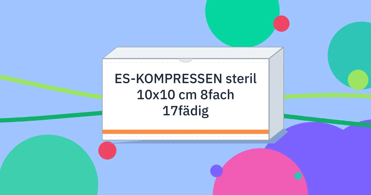 Symbolbild: Packung mit der Aufschrift ES-KOMPRESSEN steril 10x10 cm 8fach 17fädig (PZN 19745808) – Verfügbarkeit und Bezug in Apotheken in Frankfurt am Main