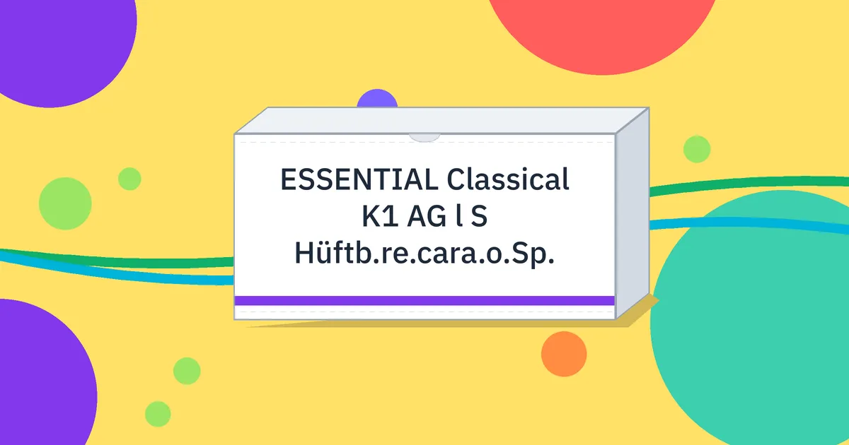Symbolbild: Packung mit der Aufschrift ESSENTIAL Classical K1 AG l S Hüftb.re.cara.o.Sp. (PZN 17011657) – Verfügbarkeit und Bezug in Apotheken in Frankfurt am Main