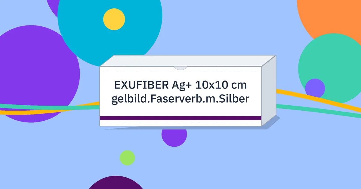 Symbolbild: Packung mit der Aufschrift EXUFIBER Ag+ 10x10 cm gelbild.Faserverb.m.Silber (PZN 18003068) – Verfügbarkeit und Bezug in Apotheken in Frankfurt am Main