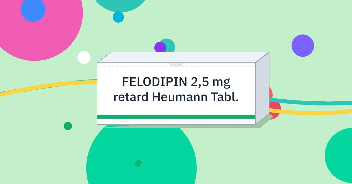 Symbolbild: Packung mit der Aufschrift FELODIPIN 2,5 mg retard Heumann Tabl. (PZN 01406193) – Verfügbarkeit und Bezug in Apotheken in Frankfurt am Main