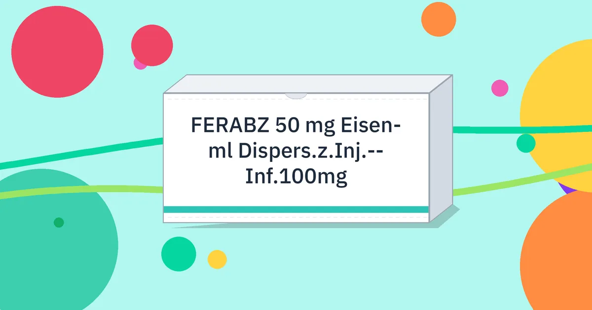 Symbolbild: Packung mit der Aufschrift FERABZ 50 mg Eisen-ml Dispers.z.Inj.--Inf.100mg (PZN 19128553) – Verfügbarkeit und Bezug in Apotheken in Frankfurt am Main
