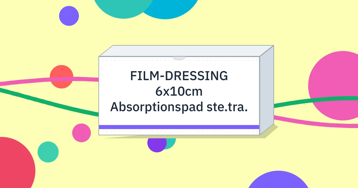 Symbolbild: Packung mit der Aufschrift FILM-DRESSING 6x10cm Absorptionspad ste.tra. (PZN 19508913) – Verfügbarkeit und Bezug in Apotheken in Frankfurt am Main