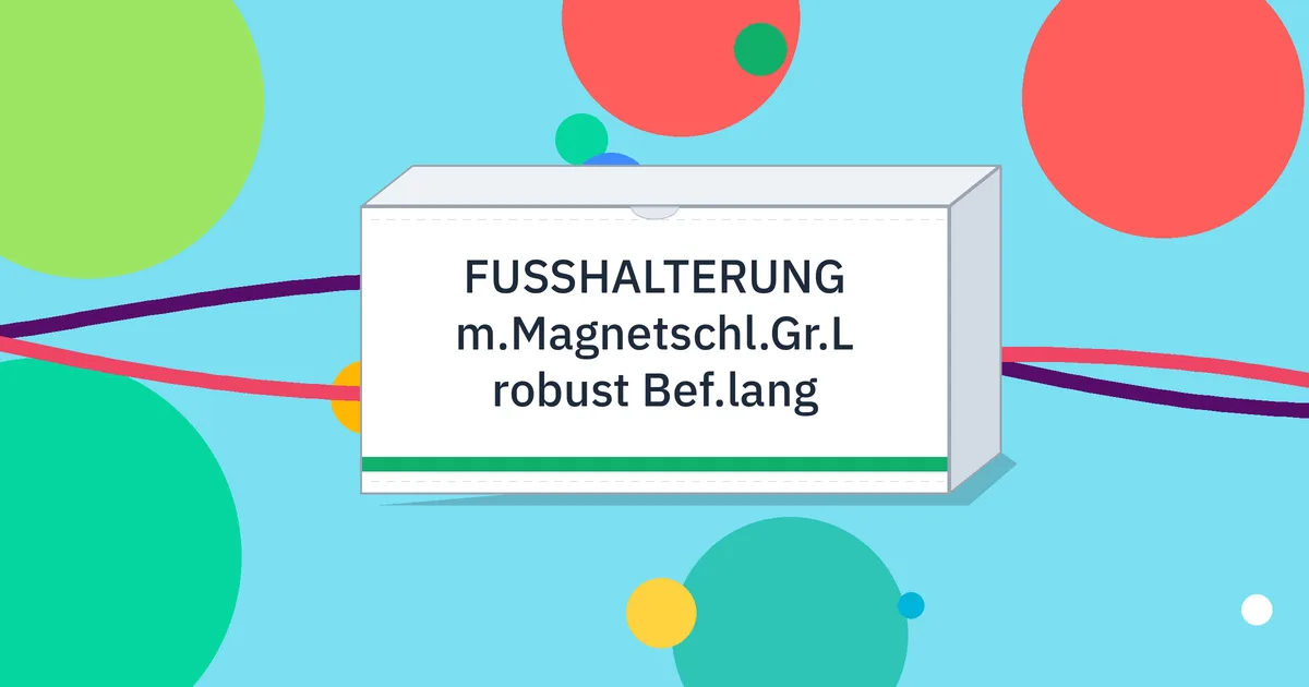 Symbolbild: Packung mit der Aufschrift FUSSHALTERUNG m.Magnetschl.Gr.L robust Bef.lang (PZN 09168132) – Verfügbarkeit und Bezug in Apotheken in Frankfurt am Main