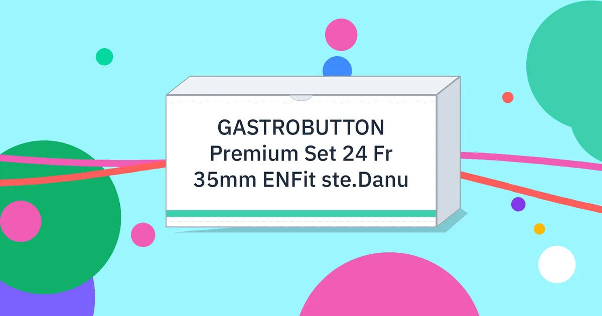 Symbolbild: Packung mit der Aufschrift GASTROBUTTON Premium Set 24 Fr 35mm ENFit ste.Danu (PZN 16884194) – Verfügbarkeit und Bezug in Apotheken in Frankfurt am Main
