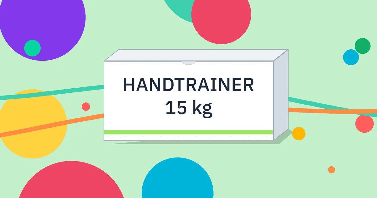 Symbolbild: Packung mit der Aufschrift HANDTRAINER 15 kg (PZN 20577380) – Verfügbarkeit und Bezug in Apotheken in Frankfurt am Main