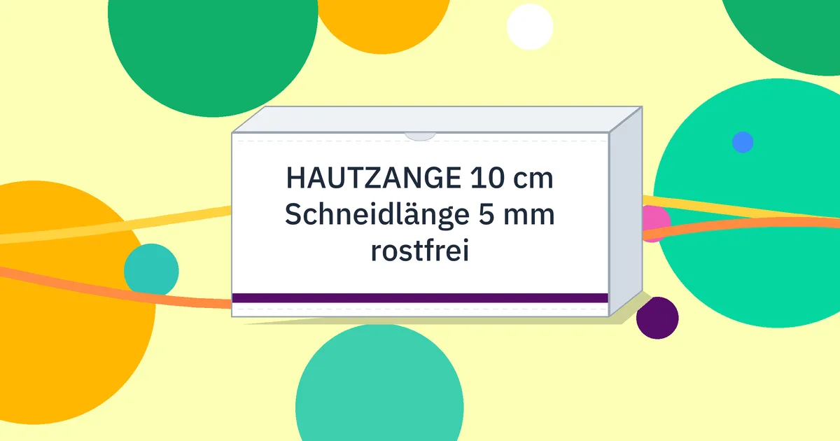 Symbolbild: Packung mit der Aufschrift HAUTZANGE 10 cm Schneidlänge 5 mm rostfrei (PZN 17288005) – Verfügbarkeit und Bezug in Apotheken in Frankfurt am Main