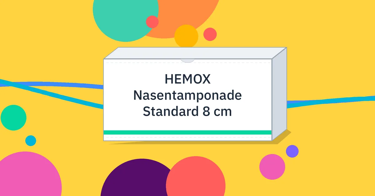 Symbolbild: Packung mit der Aufschrift HEMOX Nasentamponade Standard 8 cm (PZN 06592467) – Verfügbarkeit und Bezug in Apotheken in Frankfurt am Main