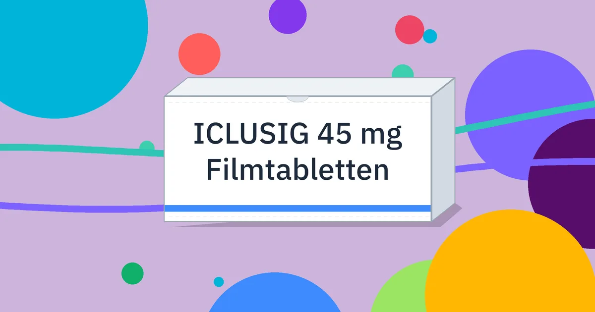 Symbolbild: Packung mit der Aufschrift ICLUSIG 45 mg Filmtabletten (PZN 19723095) – Verfügbarkeit und Bezug in Apotheken in Frankfurt am Main
