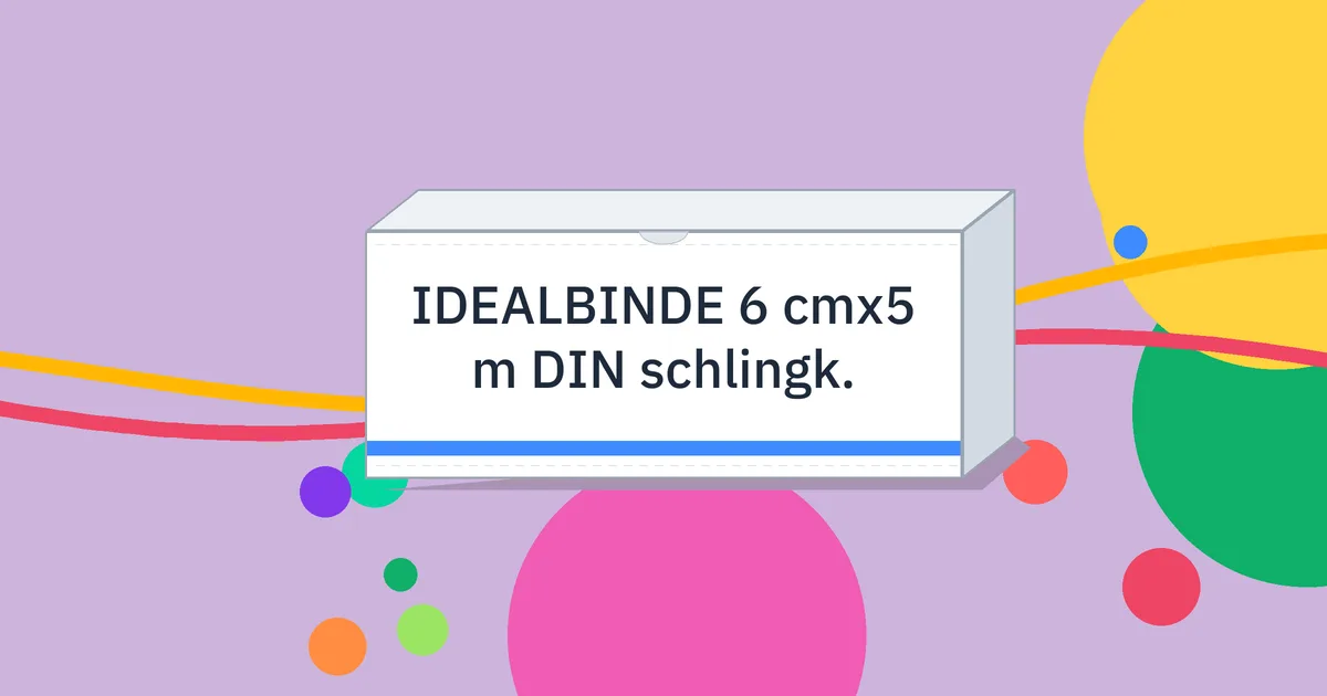 Symbolbild: Packung mit der Aufschrift IDEALBINDE 6 cmx5 m DIN schlingk. (PZN 03895256) – Verfügbarkeit und Bezug in Apotheken in Frankfurt am Main