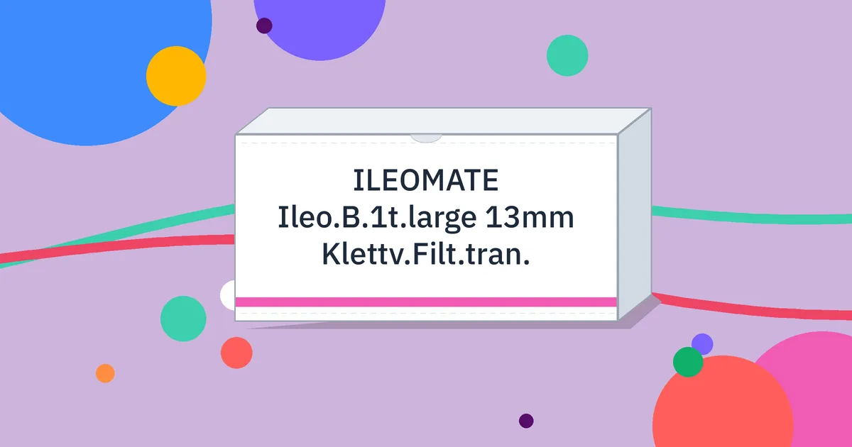 Symbolbild: Packung mit der Aufschrift ILEOMATE Ileo.B.1t.large 13mm Klettv.Filt.tran. (PZN 09175480) – Verfügbarkeit und Bezug in Apotheken in Frankfurt am Main