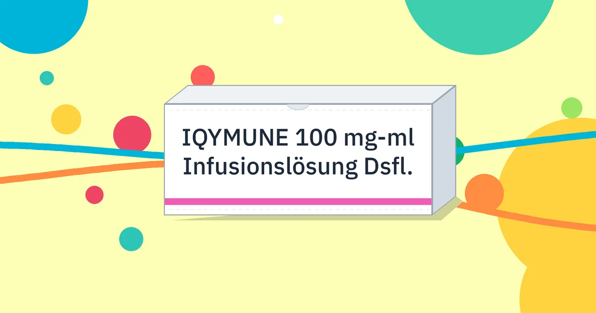 Symbolbild: Packung mit der Aufschrift IQYMUNE 100 mg-ml Infusionslösung Dsfl. (PZN 11510632) – Verfügbarkeit und Bezug in Apotheken in Frankfurt am Main