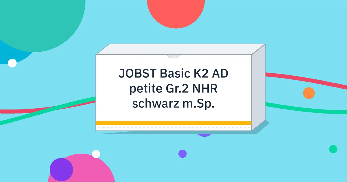 Symbolbild: Packung mit der Aufschrift JOBST Basic K2 AD petite Gr.2 NHR schwarz m.Sp. (PZN 15313265) – Verfügbarkeit und Bezug in Apotheken in Frankfurt am Main