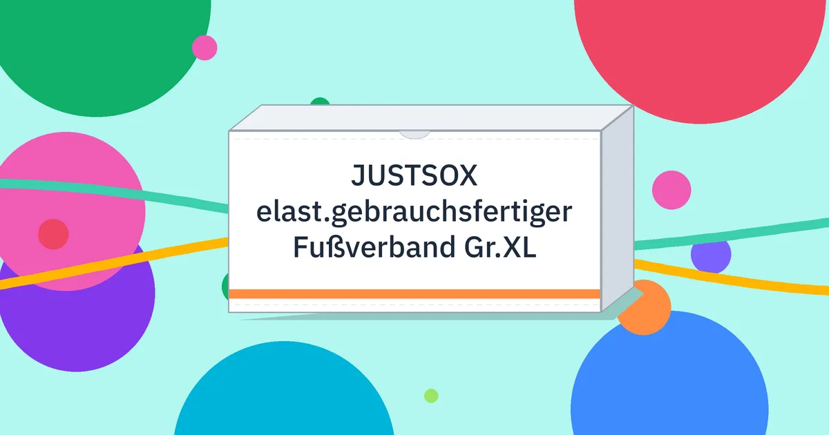 Symbolbild: Packung mit der Aufschrift JUSTSOX elast.gebrauchsfertiger Fußverband Gr.XL (PZN 19903578) – Verfügbarkeit und Bezug in Apotheken in Frankfurt am Main