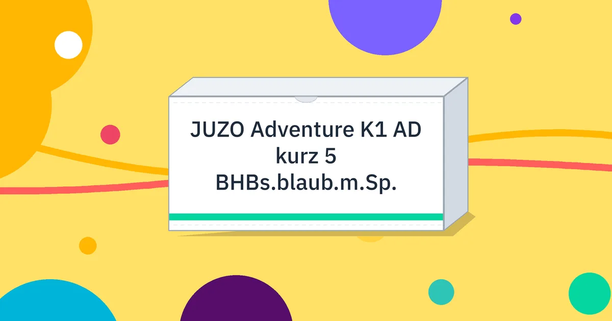 Symbolbild: Packung mit der Aufschrift JUZO Adventure K1 AD kurz 5 BHBs.blaub.m.Sp. (PZN 16345534) – Verfügbarkeit und Bezug in Apotheken in Frankfurt am Main