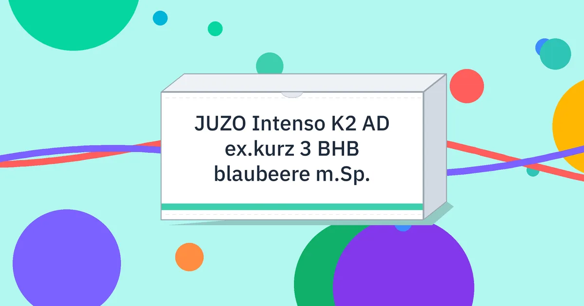 Symbolbild: Packung mit der Aufschrift JUZO Intenso K2 AD ex.kurz 3 BHB blaubeere m.Sp. (PZN 18615179) – Verfügbarkeit und Bezug in Apotheken in Frankfurt am Main